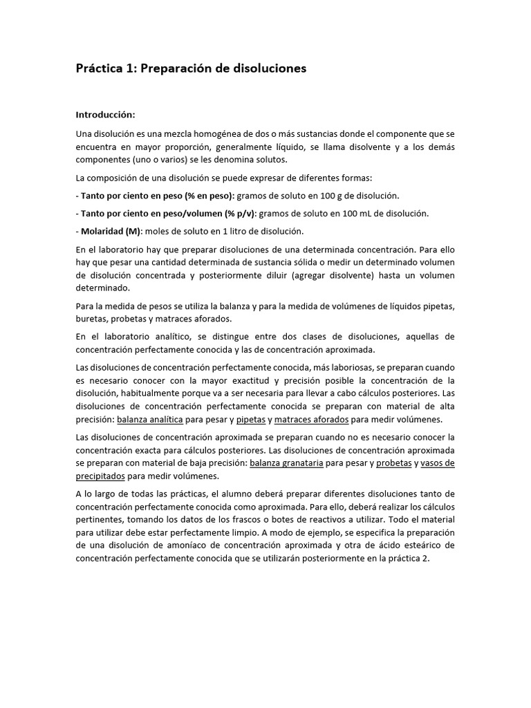 Práctica 1. Preparación de Disoluciones | PDF | Concentración | Sustancias químicas