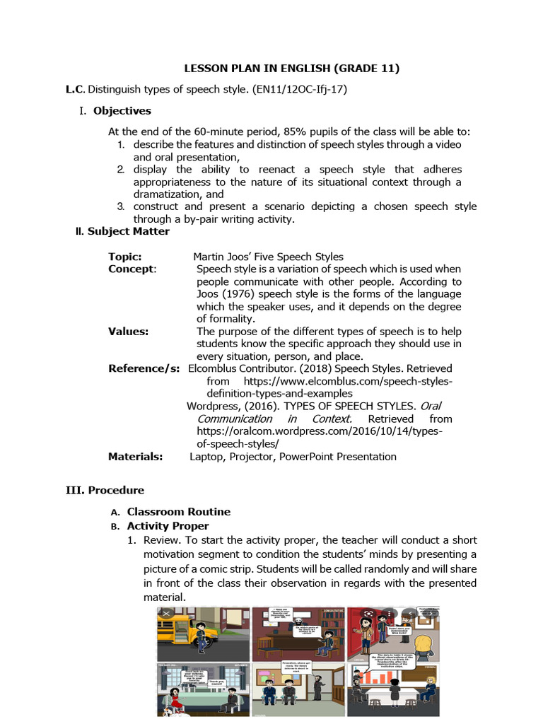 Speech Styles Lesson Plan for Grade 11 | PDF | Learning | Lesson Plan