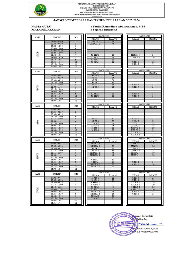 Jadwal Pembelajaran Tahun Pelajaran 2023-2024 | PDF