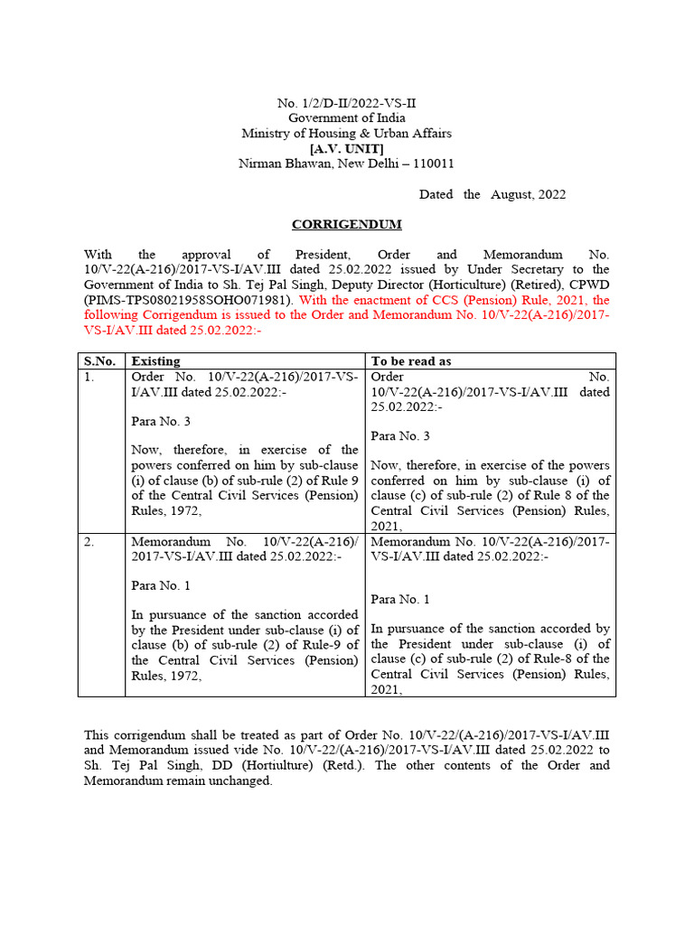 Corrigendum Tej Pal Singh | PDF | Government Of India | Government