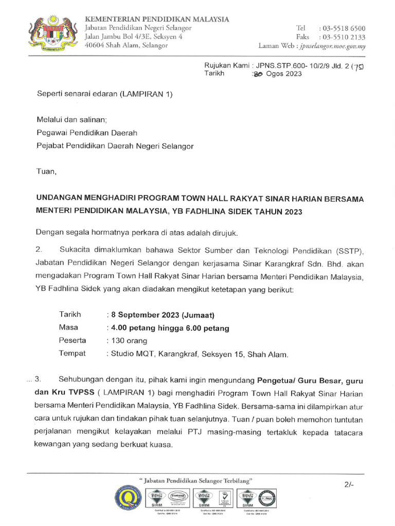 Surat Undangan Program Town Hall Rakyat Sinar Harian Bersama Yb ...