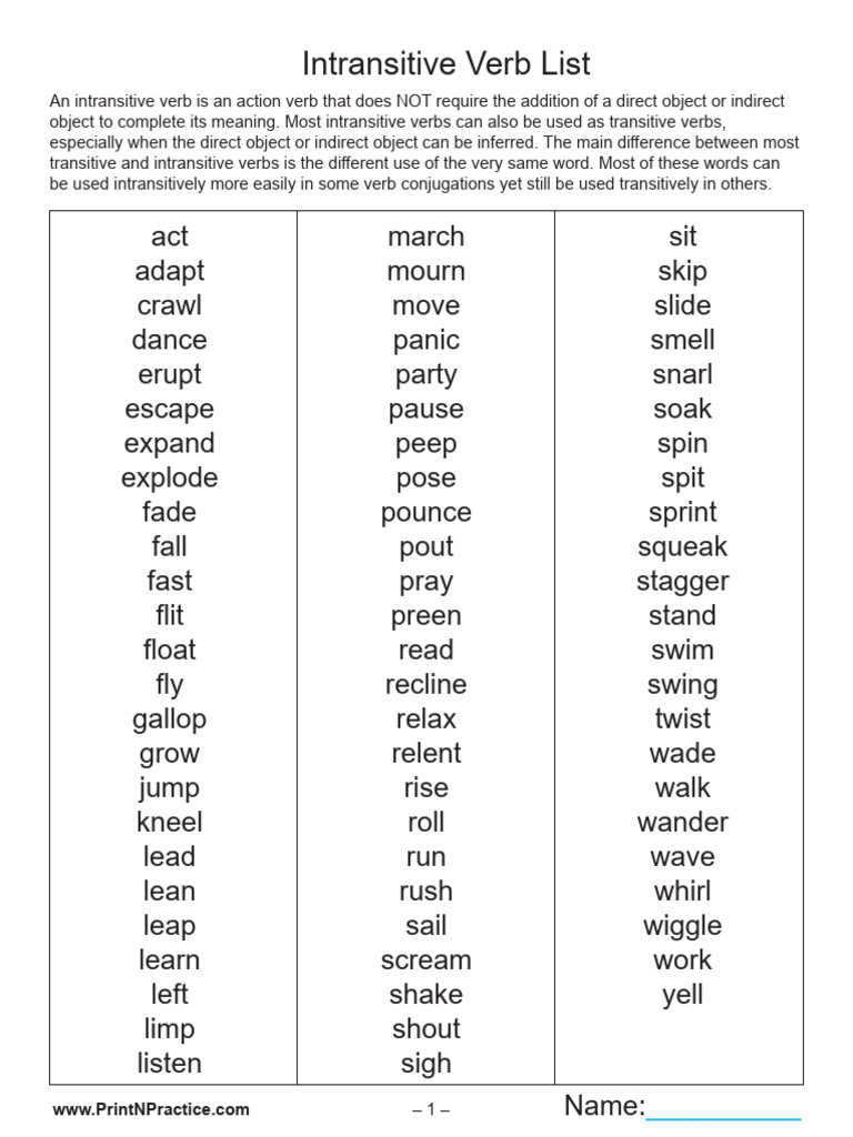 Intransitive Verb List | PDF | Verb | Languages