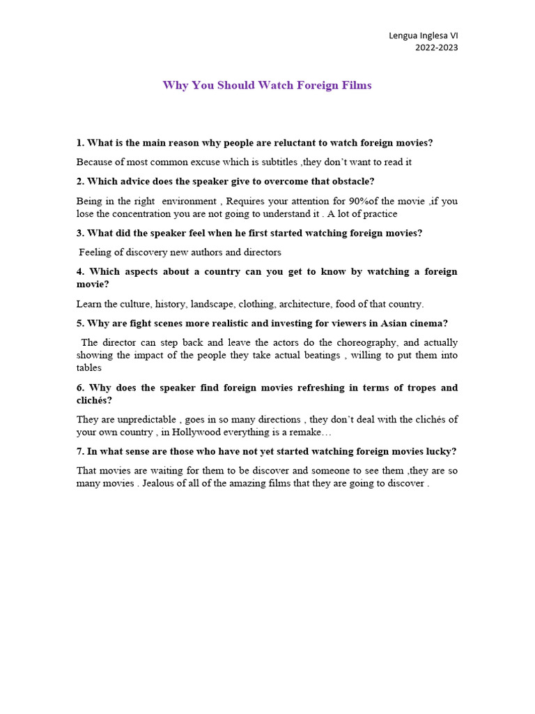 Why You Should Watch Foreign Films - Questions | PDF Why You Should Watch Foreign Films - Questions | PDF