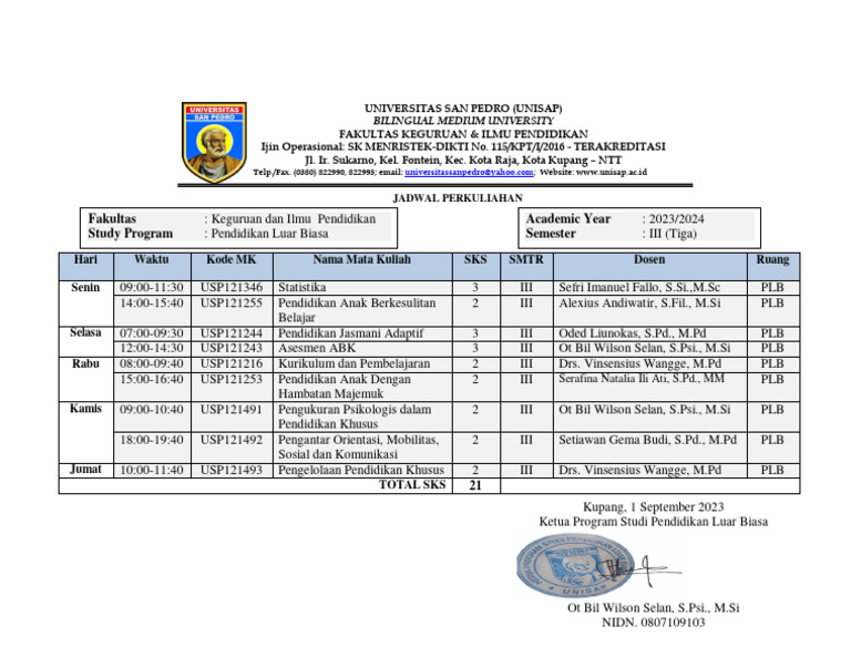 JADWAL PERKULIAHAN Semester III Ganjil PRODI PLB TA.2023-2024 | PDF