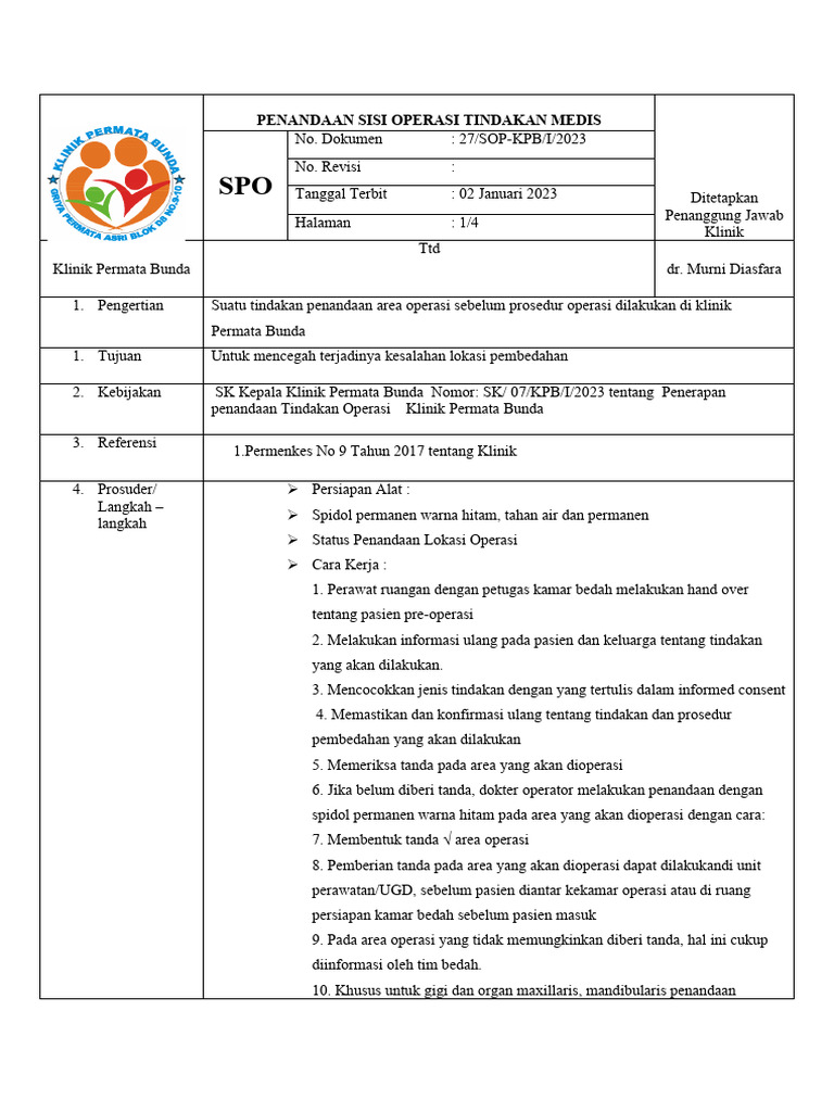 SOP Penandaan Sisi Operasi Tindakan Medis | PDF