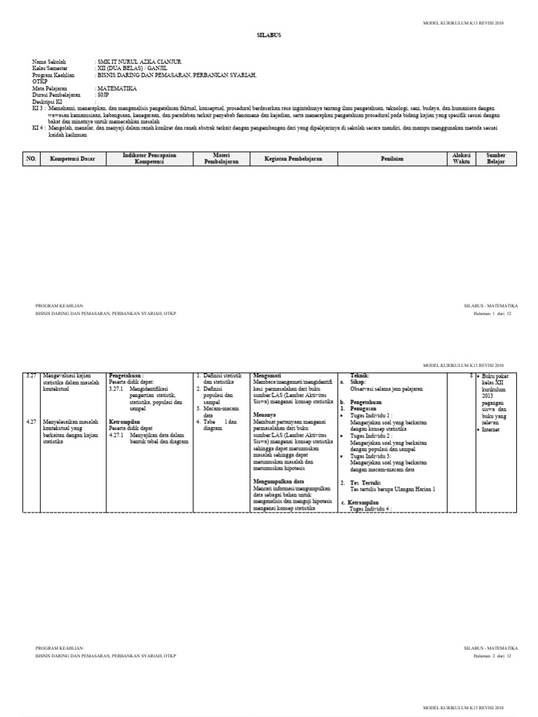 Silabus MTK Kelas 12 | PDF