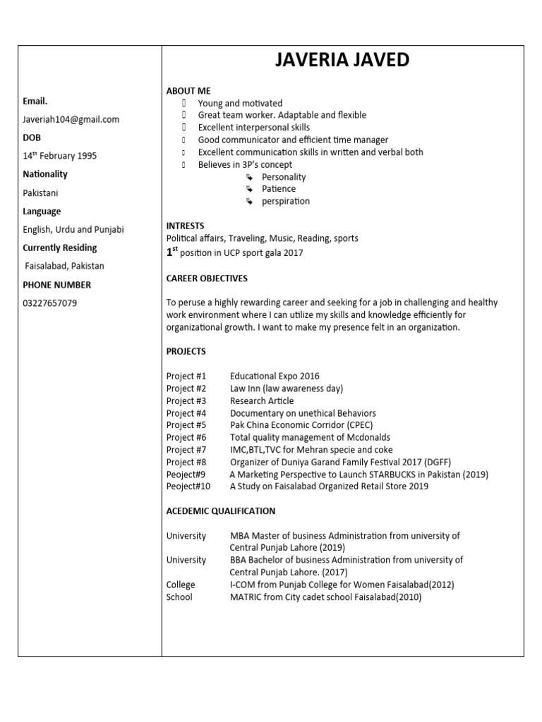 Javeria CV | PDF | Communication | Human Communication