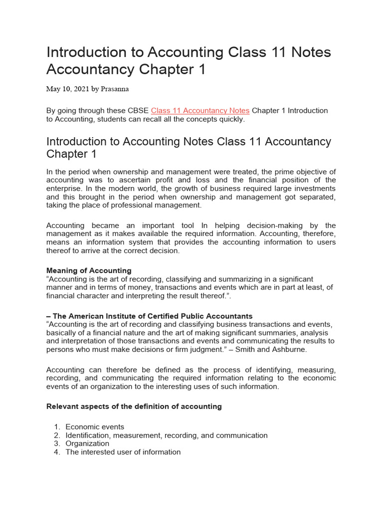 Introduction To Accounting Class 11 Notes Accountancy Chapter 1 | PDF ...