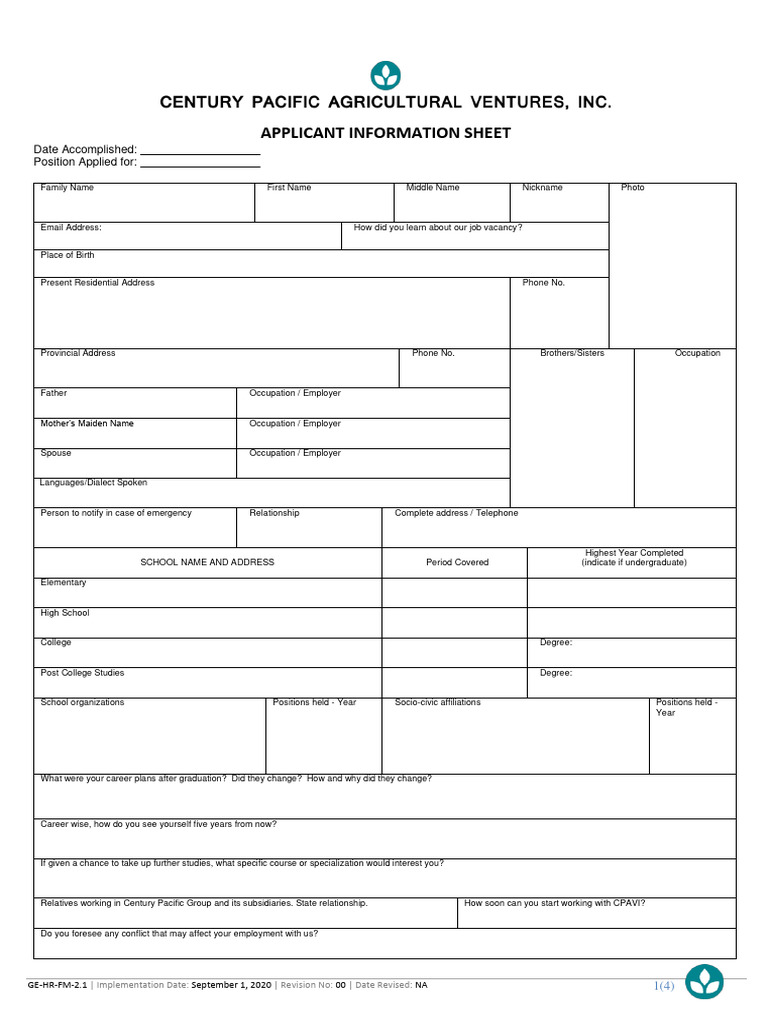1 Applicant Information Sheet | PDF | Background Check | Business 1 Applicant Information Sheet | PDF | Background Check | Business