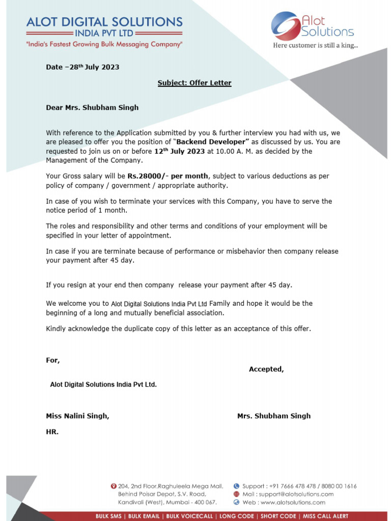 Offer Letter - Shubham Singh | PDF | Career & Growth | Business