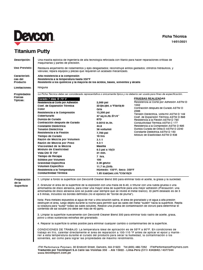 Devcon 10770 Titanium Putty FT | PDF | Compuestos químicos | Sector secundario de la economía