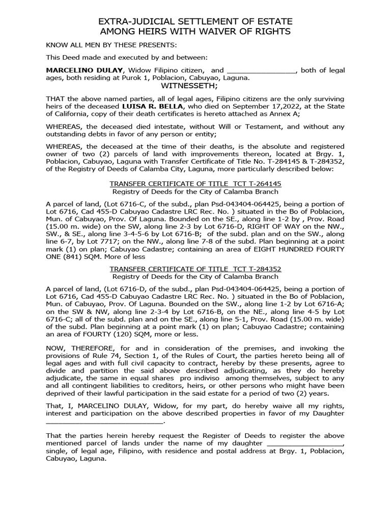 ExtraJudicial With Waiver of Rights | PDF | Title (Property) | Deed
