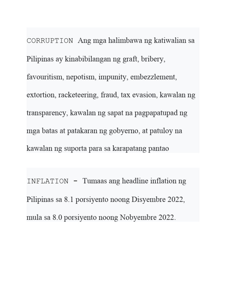 CORRUPTION Ang Mga Halimbawa Ng Katiwalian Sa Pilipinas Ay Kinabibilangan Ng Graft | PDF