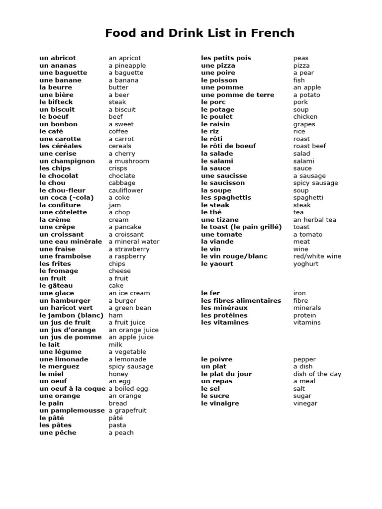 Liste de nourriture et boissons en français | PDF | Nourritures | Cuisine
