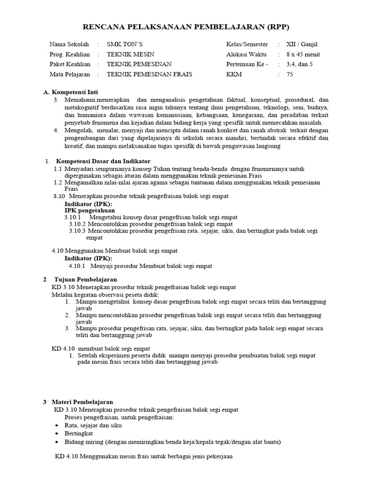 RPP Teori Mesin Frais XII TP | PDF