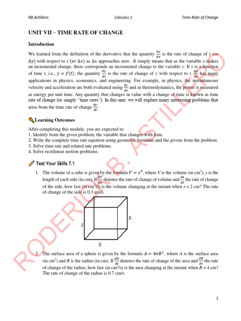 Unit7 - Time Rate of Change | PDF | Derivative | Sphere