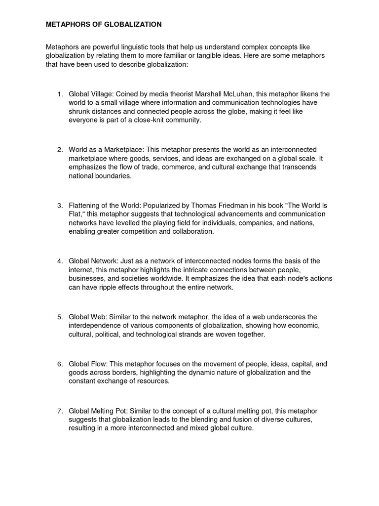 Key Metaphors of Globalization Explained | PDF | Globalization | Economies