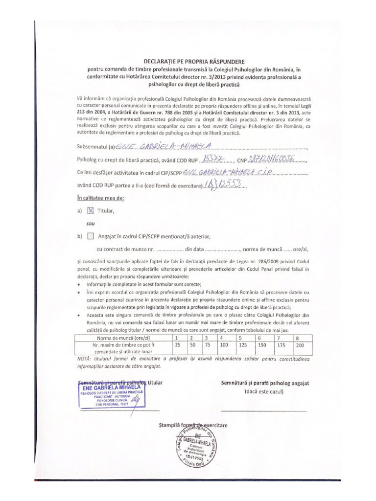 Declaratie Pe Propria Räspundere | PDF