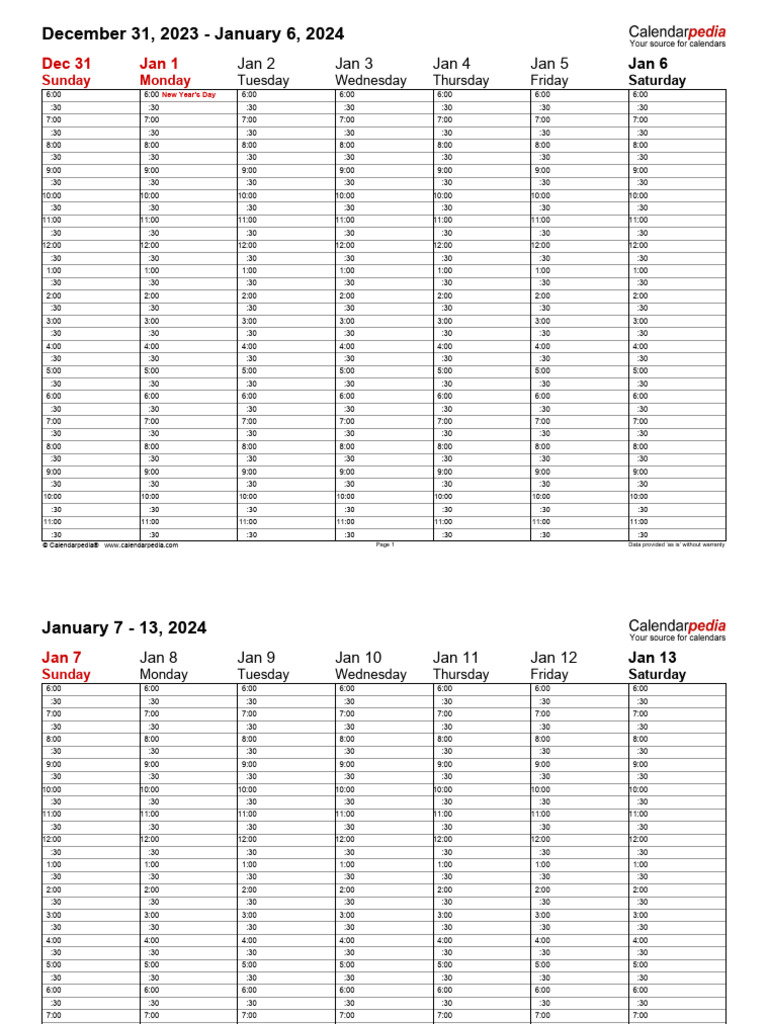 Weekly Calendar 2024 Landscape 30 Minute Steps | PDF