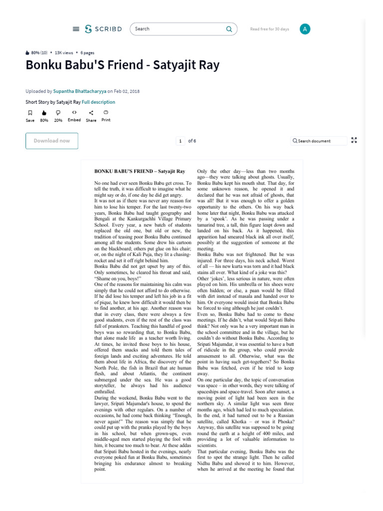 Bonku Babu'S Friend - Satyajit Ray - PDF - Ghosts - Nature | PDF