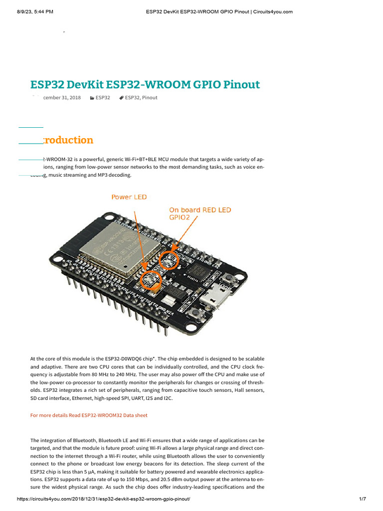 Esp32 Devkit Esp32 Wroom Gpio Pinout Circuits4you Com Fras