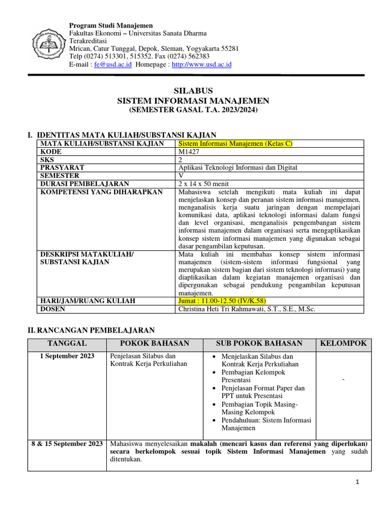 Silabus Sistem Informasi Manajemen Semester Gasal TA 2023-2024 (Kls C) | PDF | Karier & Perkembangan
