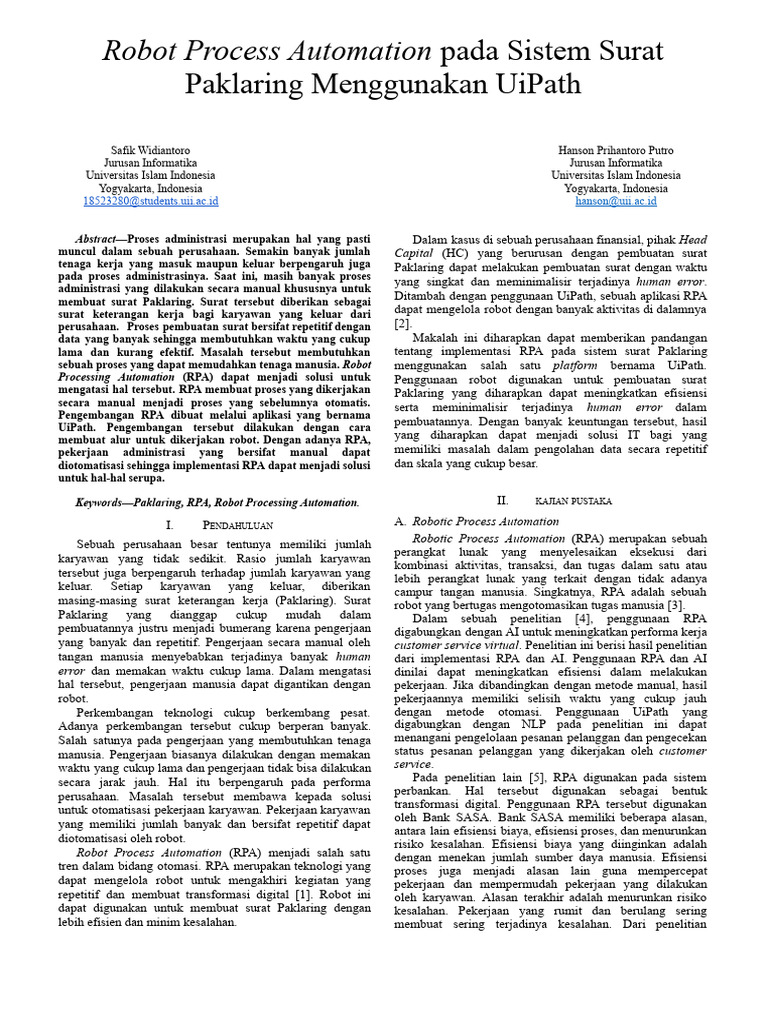 Robot Process Automation Pada Sistem Surat Paklaring Menggunakan UiPath | PDF