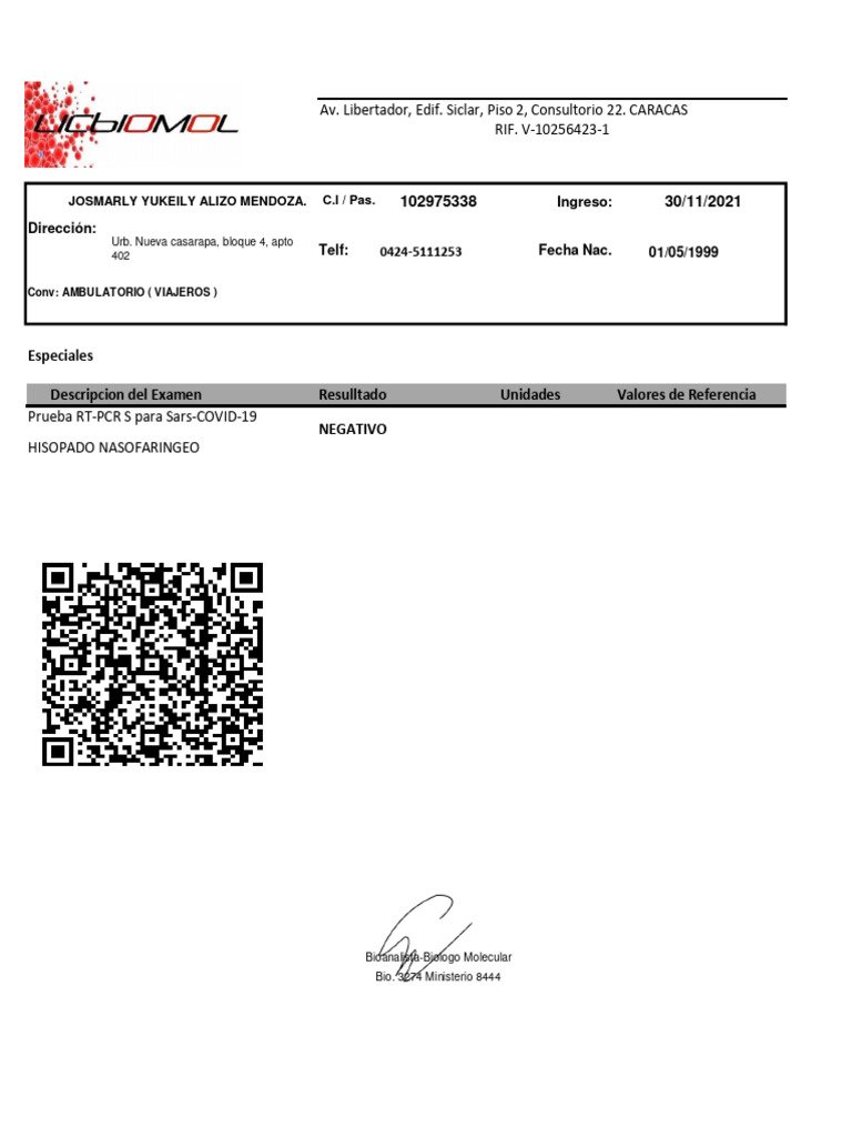 Resultado de Prueba RT-PCR Negativo | PDF