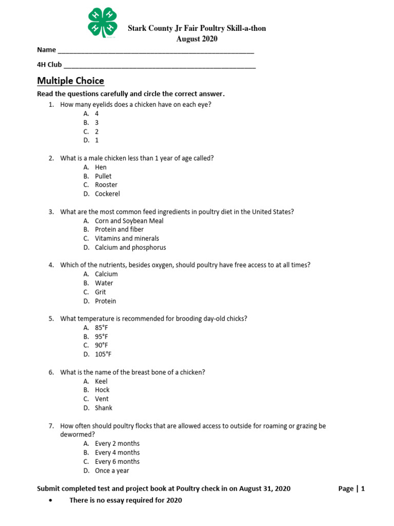 2020 Stark County Poultry Skill A Thon Test | PDF | Chicken | Poultry ...