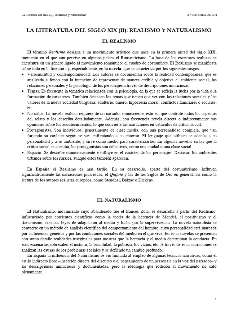 Apuntes sobre Realismo y Naturalismo | PDF | Realismo literario | Novelas