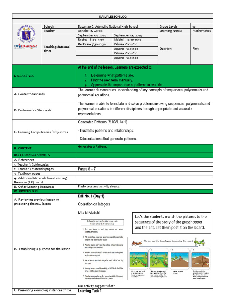 G10Q1 W1D4 5 | PDF | Sequence | Learning