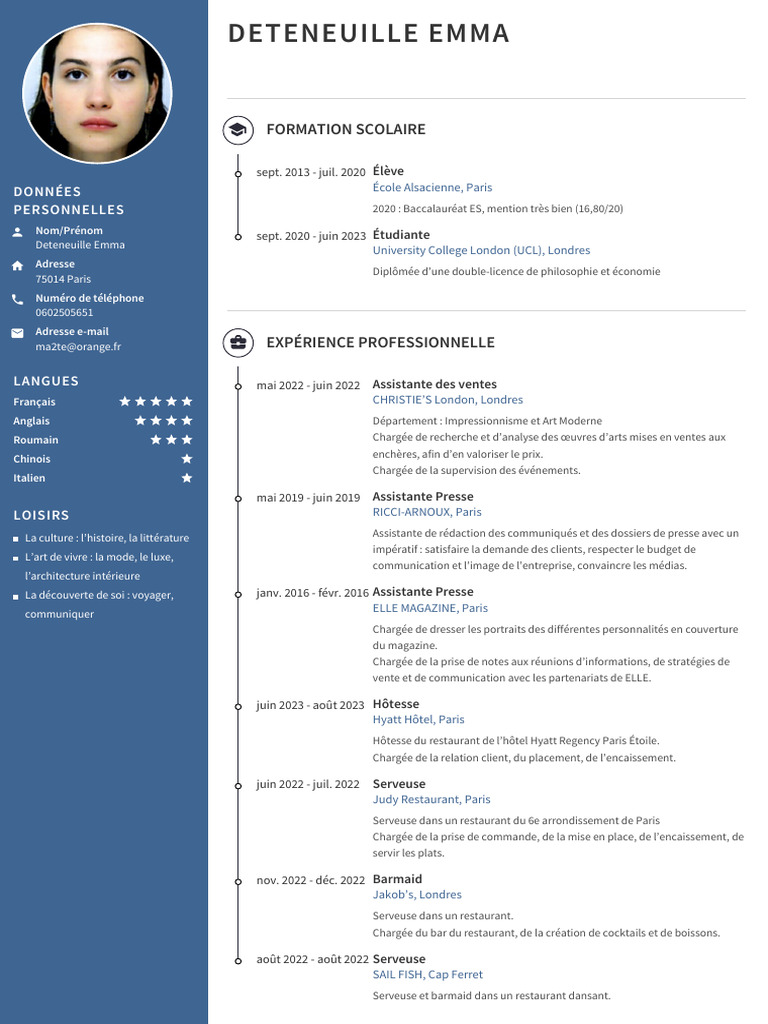 CV d'Emma Deteneuille : Expérience et Formation | PDF | Paris | Londres
