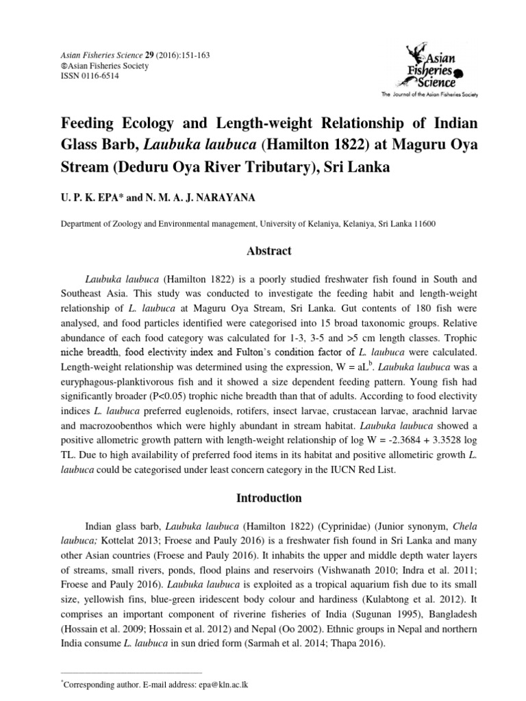 Feeding Ecology and Length-Weight Relationship of Indian Glass Barb ...