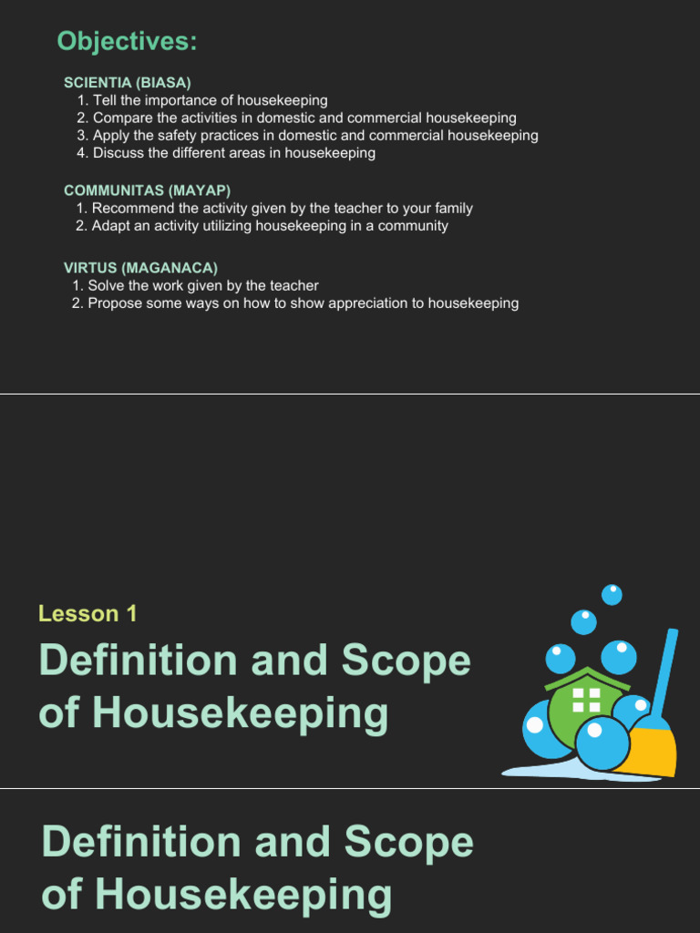Lesson 1 - Definition and Scope of Housekeeping | PDF | Housekeeping | Home