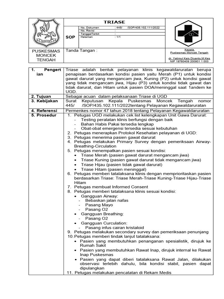 SOP Triase Puskesmas Moncek | PDF | Kesehatan Holistik