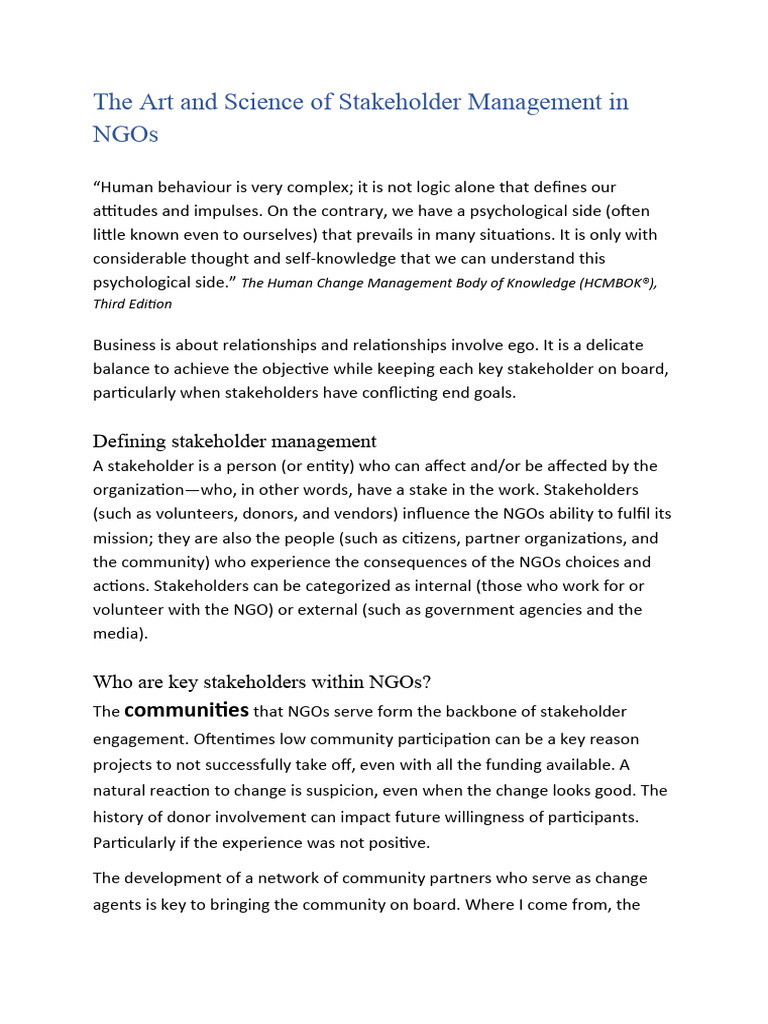 The Art and Science of Stakeholder Management in NGOs - v2 | PDF | Non ...