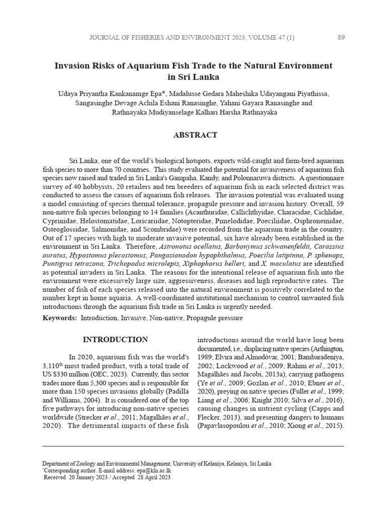 Invasion Risks Of Aquarium Fish Trade To The Natural Environment In Sri