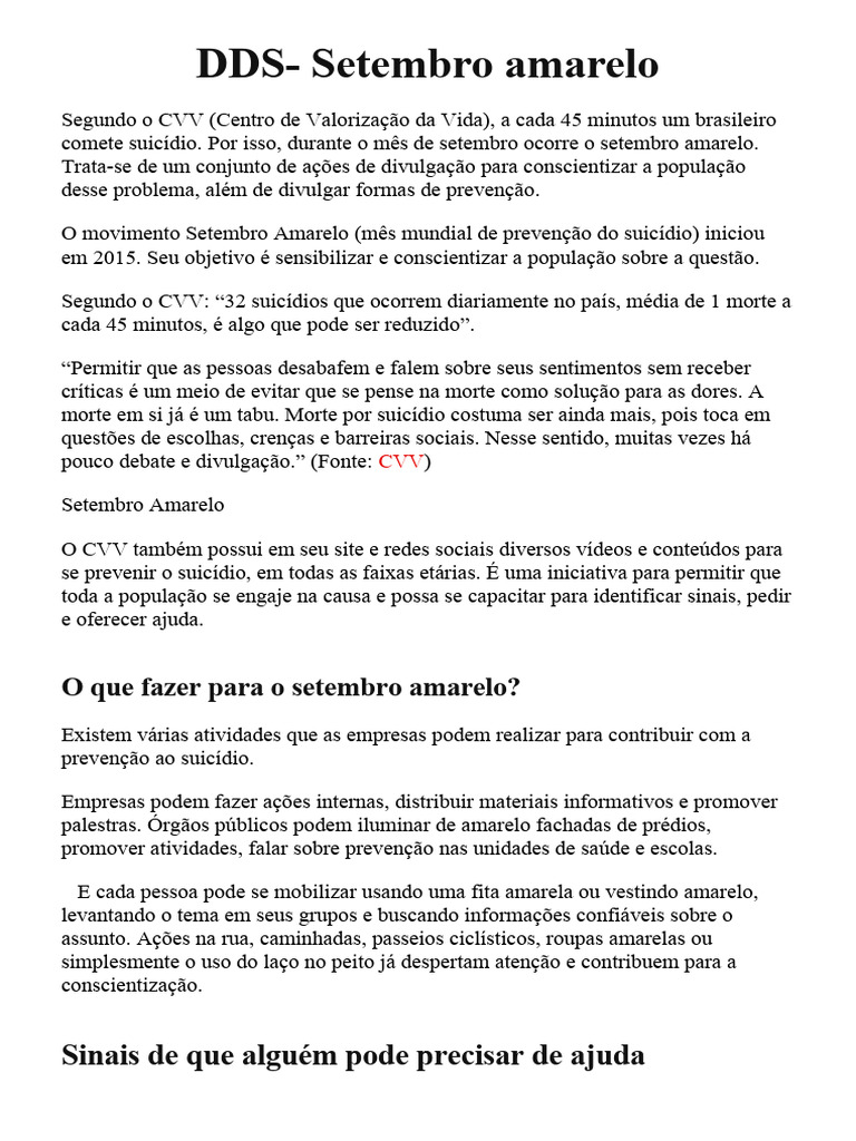 DDS - Setembro Amarelo | PDF | Morte | Suicídio