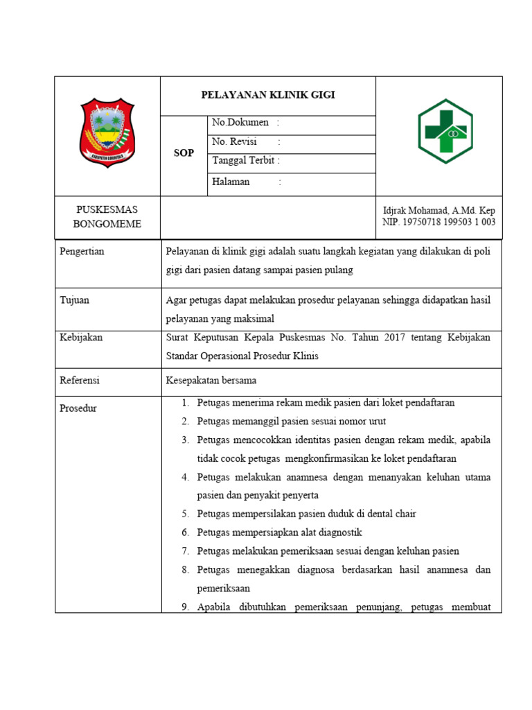 Sop Pelayanan Klinik Gigi | PDF