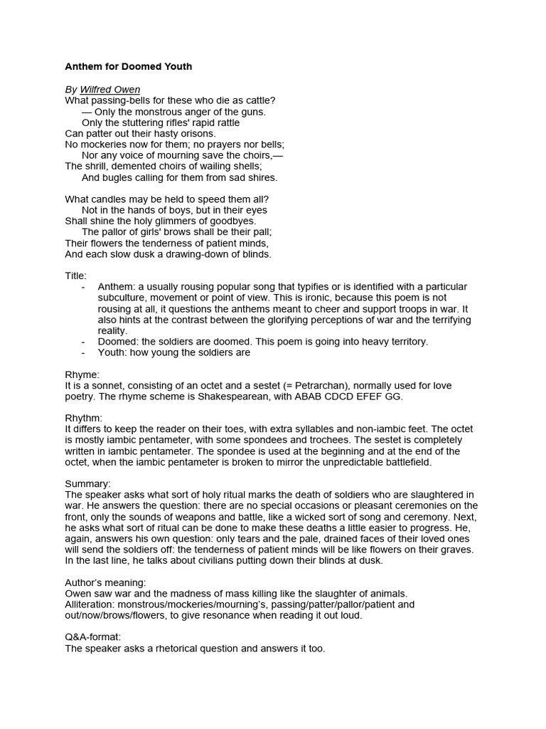 Analysis of Owen's "Anthem for Doomed Youth" | PDF | Poetry | Stanzaic Form