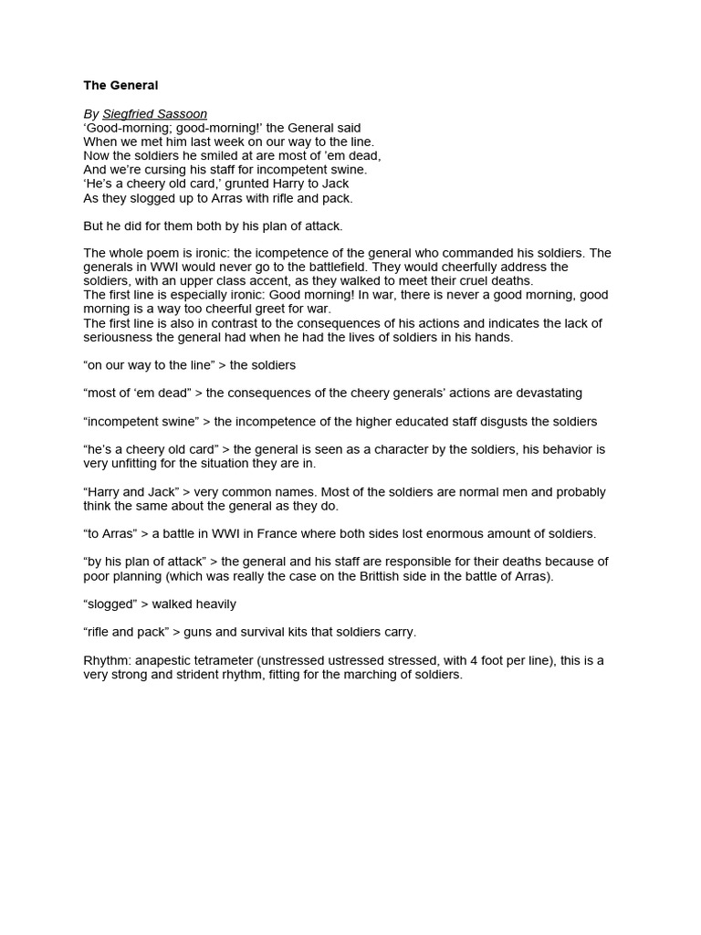 Poetry Analysis The General | PDF