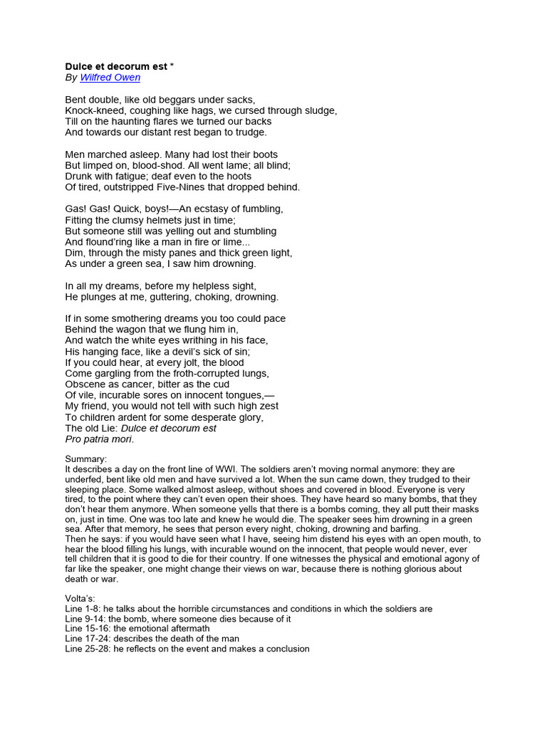 Analysis of "Dulce et Decorum Est" | PDF | Poetry | Sonnets