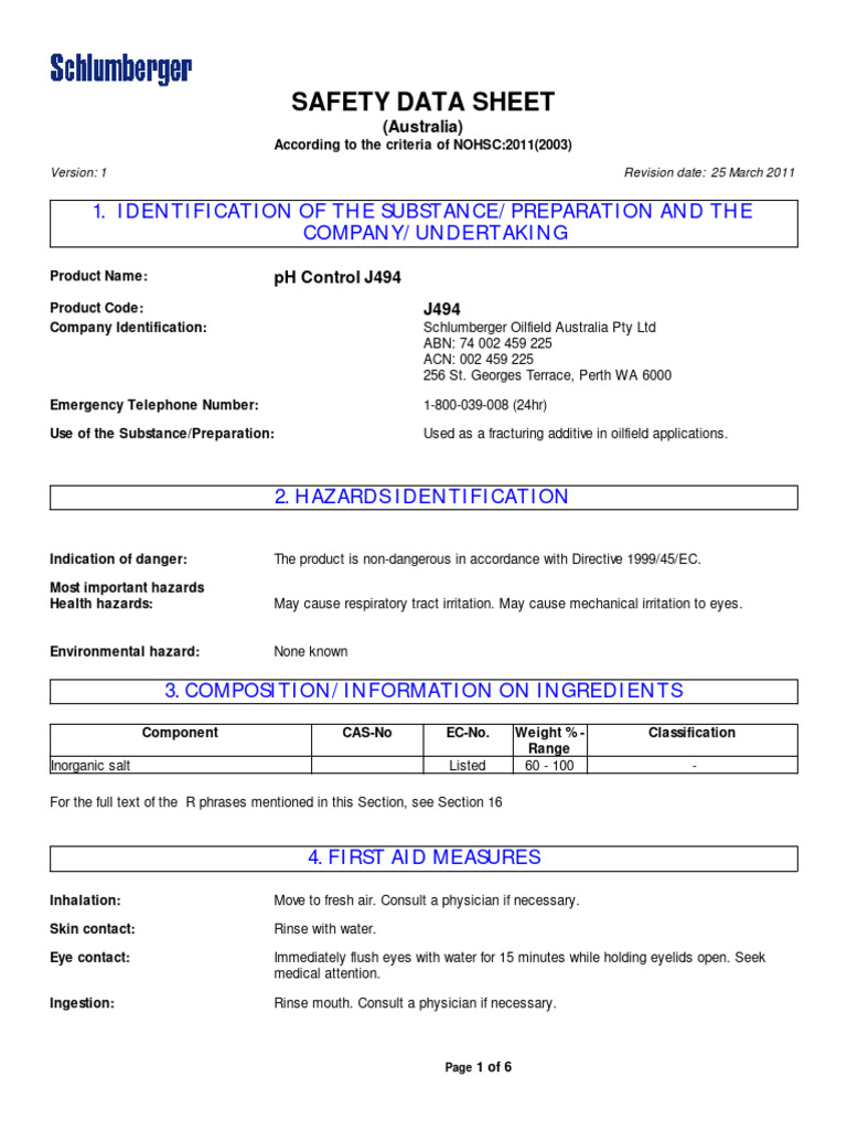 Schlumberger MSDS J494 | PDF | Toxicity | Materials