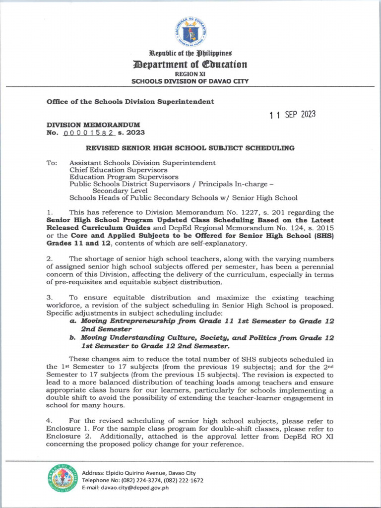 2023-Dm No. 1582 - Revised Senior High School Subject Scheduling | PDF