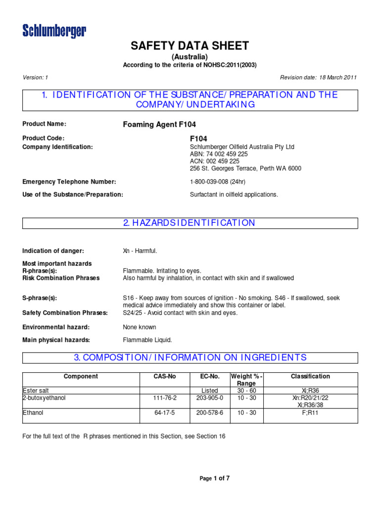Schlumberger MSDS F104 | PDF | Firefighting | Personal Protective Equipment