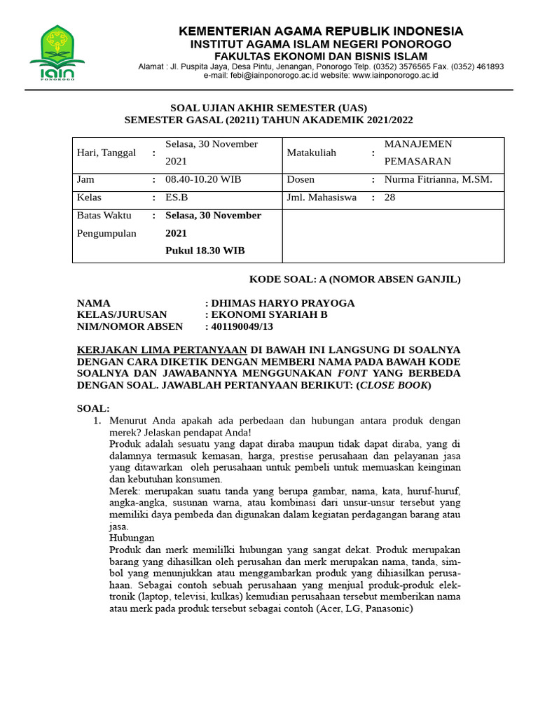 UAS Manajemen Pemasaran 2021 | PDF | Seni