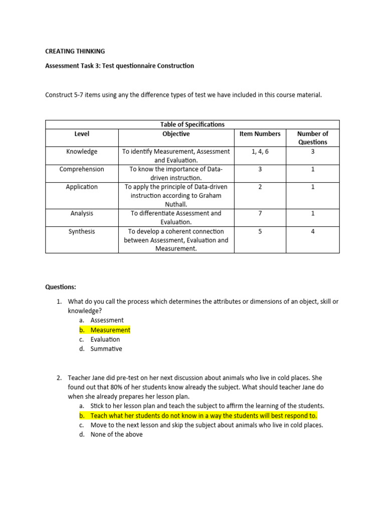 DPE 104 Assessment Creation Thinking Done | PDF | Educational ...
