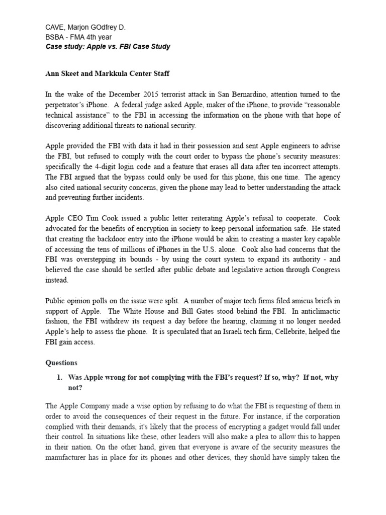 Case Study - Apple Vs FBI - CAVE | PDF | Privacy | Apple Inc.