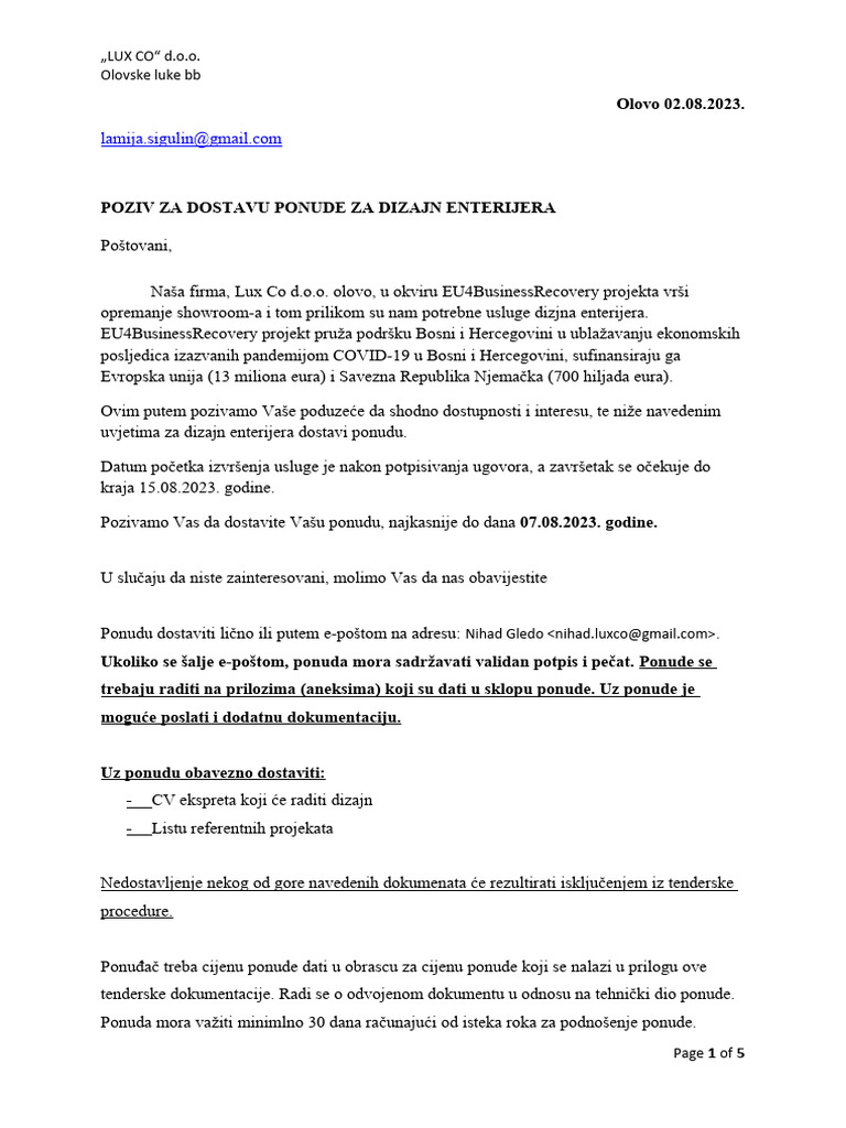 EU4BR - Zahtjev Za Dostavljanje Ponude - Arhitekta (Lamija) | PDF