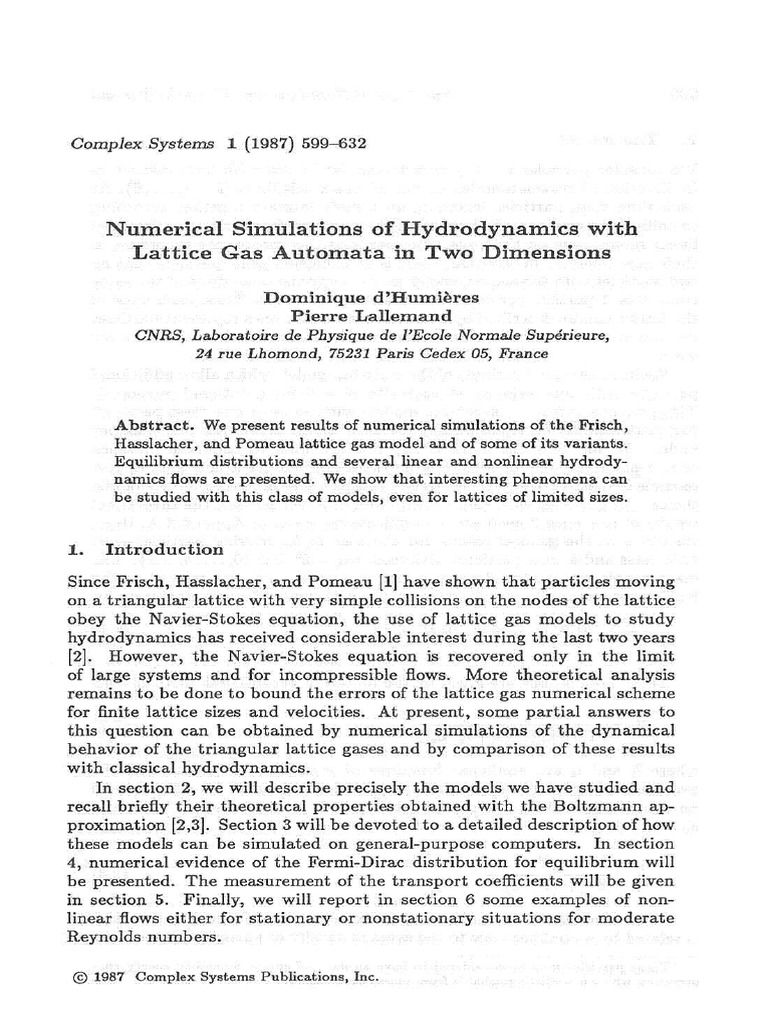 1987 Numerical Simulations With Lattice Gas Automata In Two